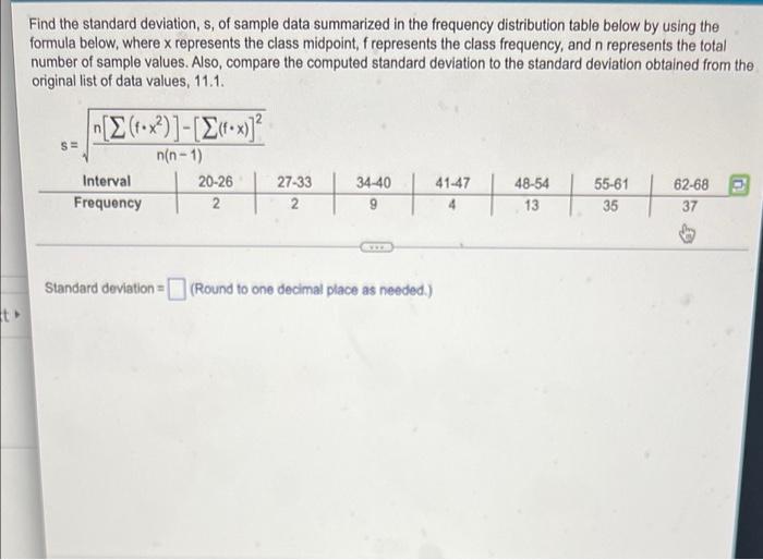 Solved Find the standard deviation, s, of sample data | Chegg.com