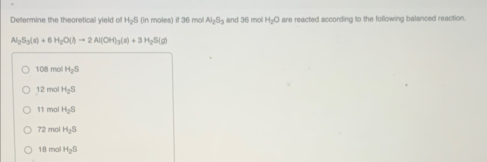 Solved Determine the theoretical yield of H2S (in moles) ﻿if | Chegg.com