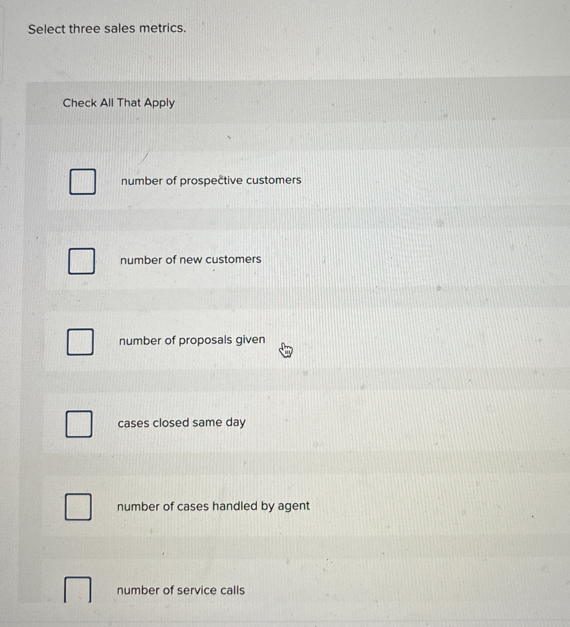 Solved Select three sales metrics.Check All That Applynumber | Chegg.com