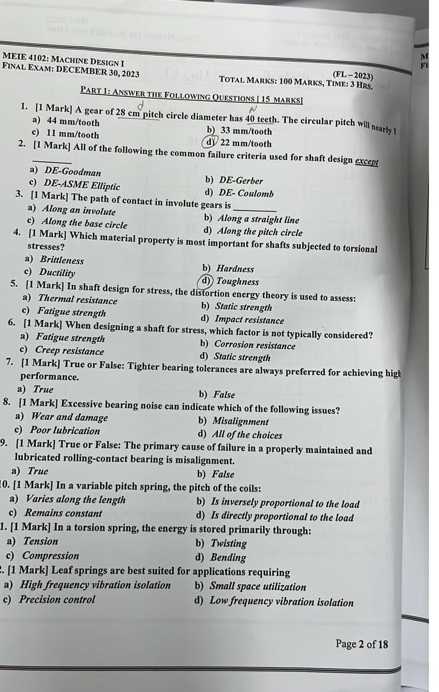 Solved MEIE 4102: MACHINE DESIGN IMFINAL EXAM: DECEMBER | Chegg.com
