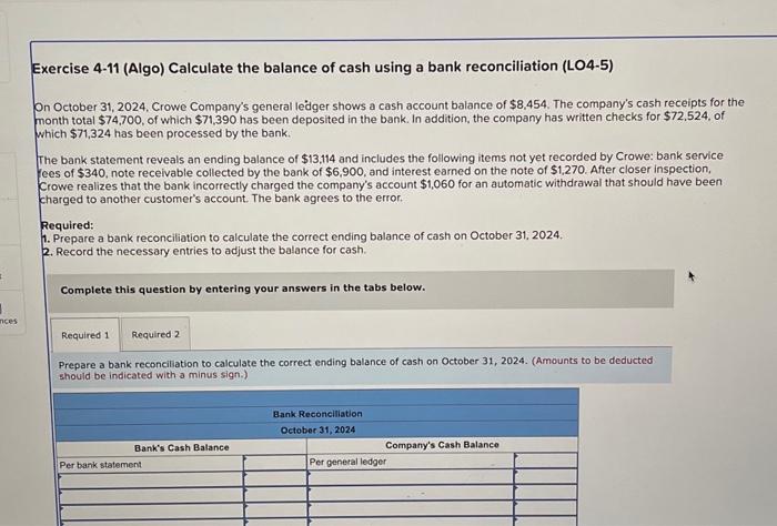 Solved Exercise 4-11 (Algo) Calculate the balance of cash | Chegg.com
