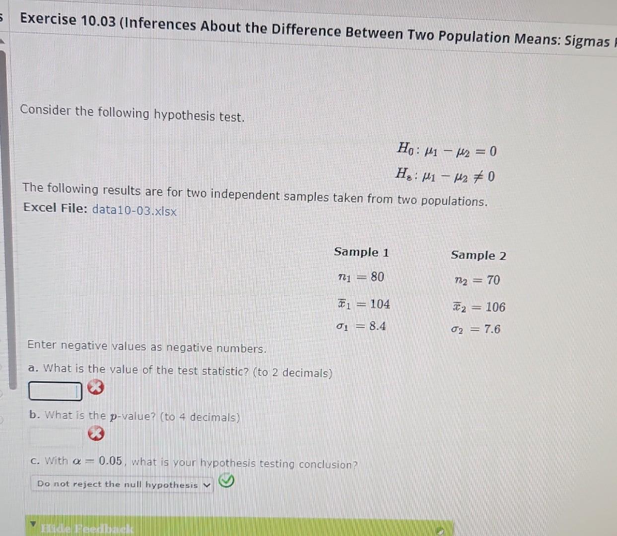 Solved Exercise 10.03 (Inferences About the Difference | Chegg.com