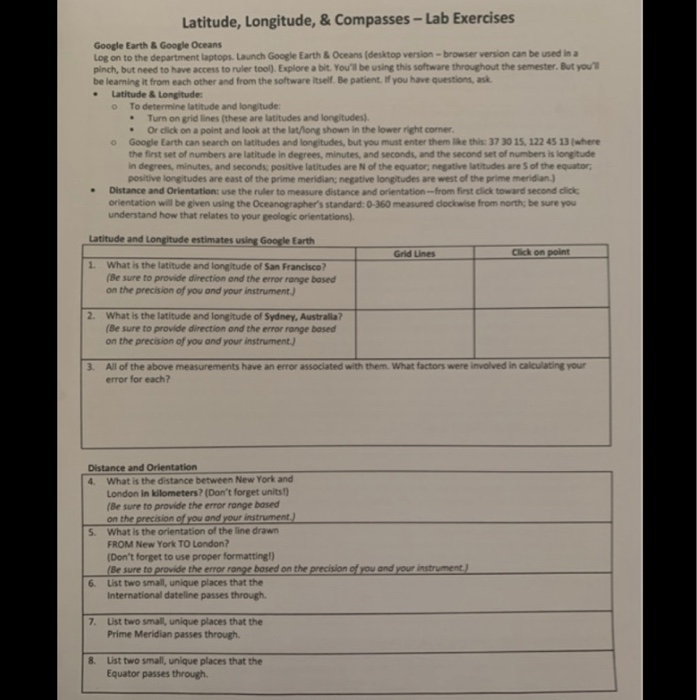 Solved . Latitude, Longitude, & Compasses-Lab Exercises | Chegg.com