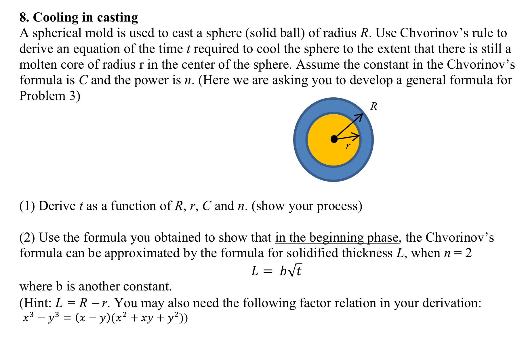 Solved Cooling in ﻿castingA spherical mold is ﻿used to ﻿cast | Chegg.com