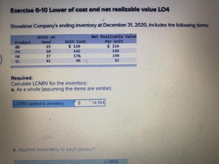 Solved Exercise 6-10 Lower of cost and net realizable value | Chegg.com
