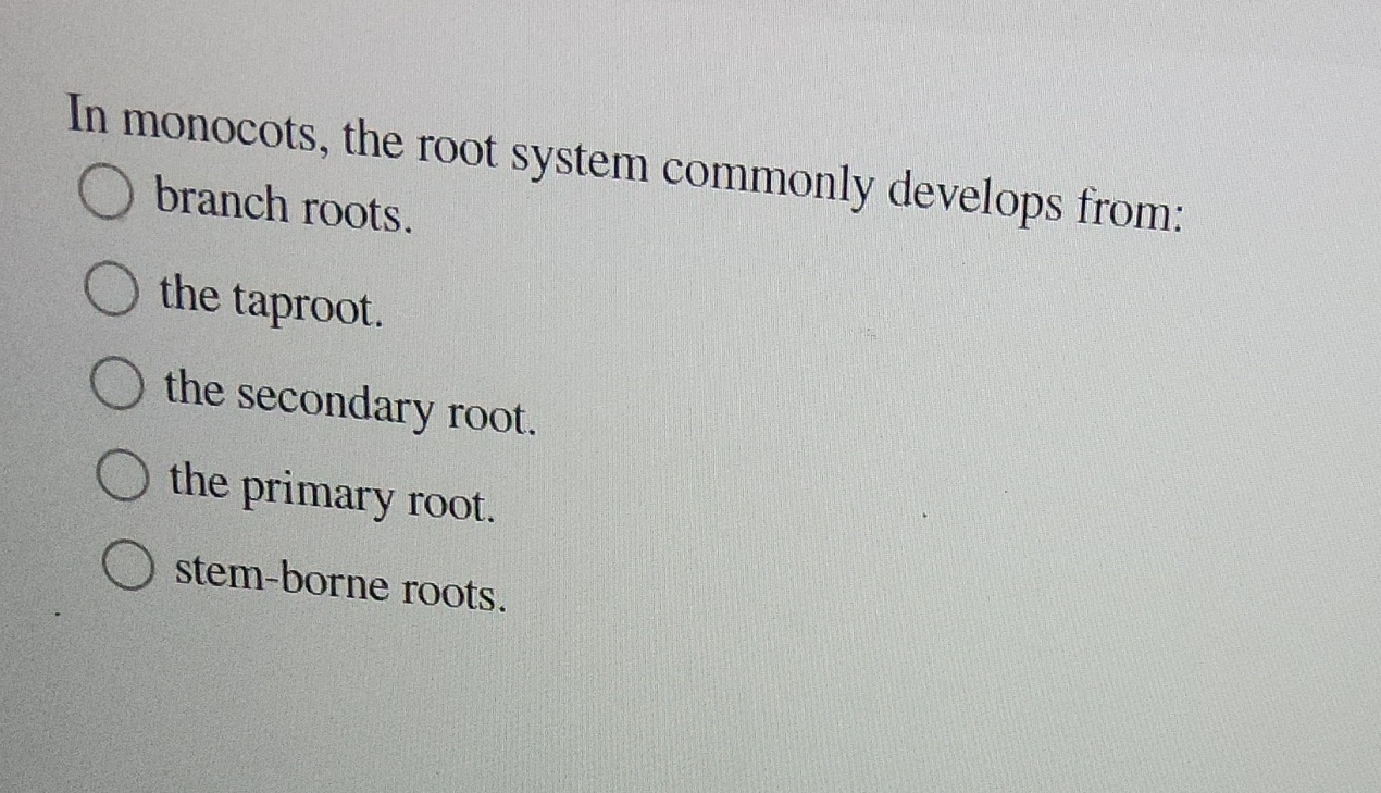 Solved In monocots, the root system commonly develops | Chegg.com
