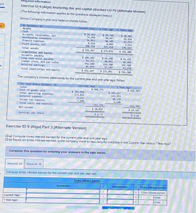 Solved 3 Required Information Exercise 13-9 (Algo) Analyzing | Chegg.com