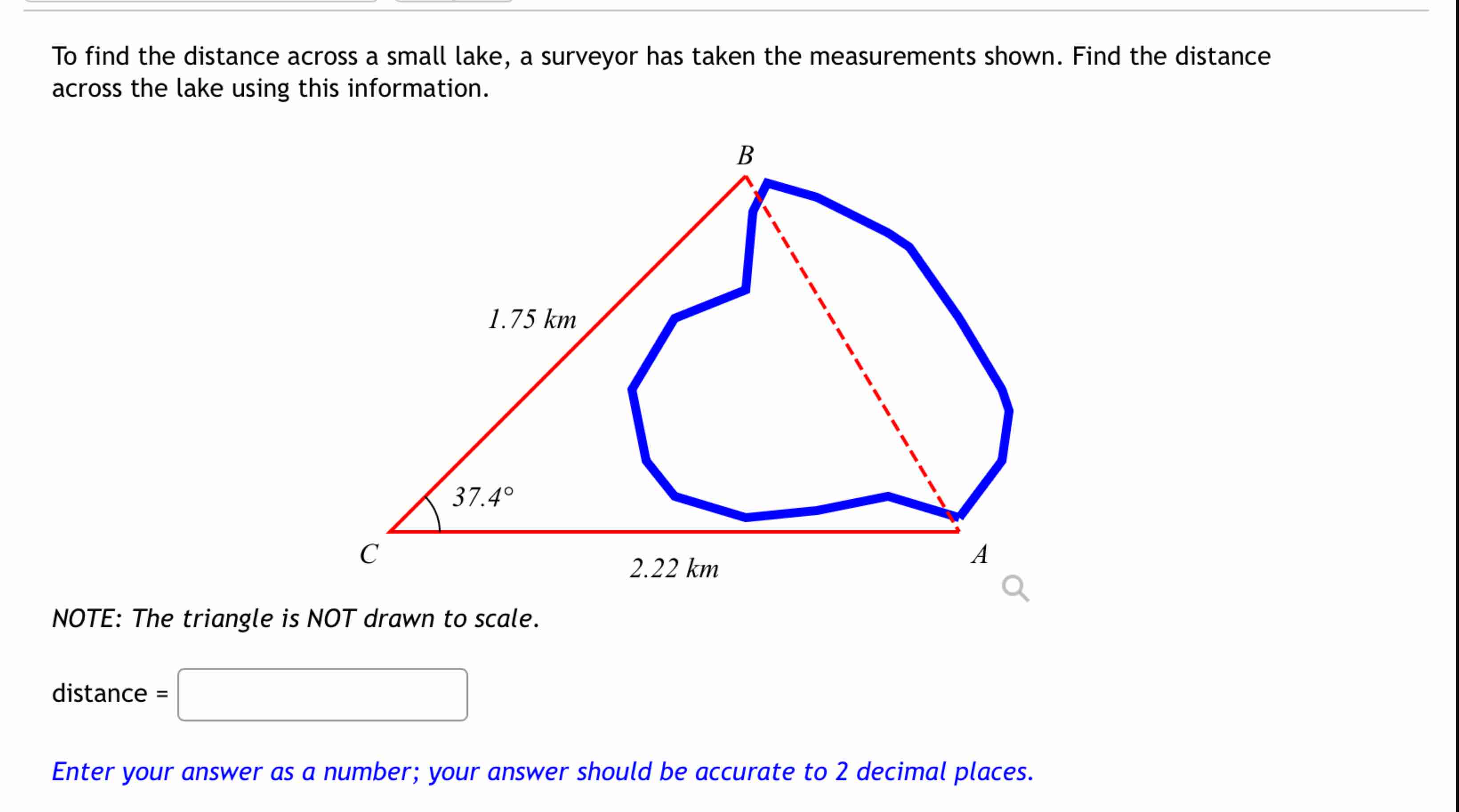 Solved To find the distance across a small lake, a surveyor | Chegg.com