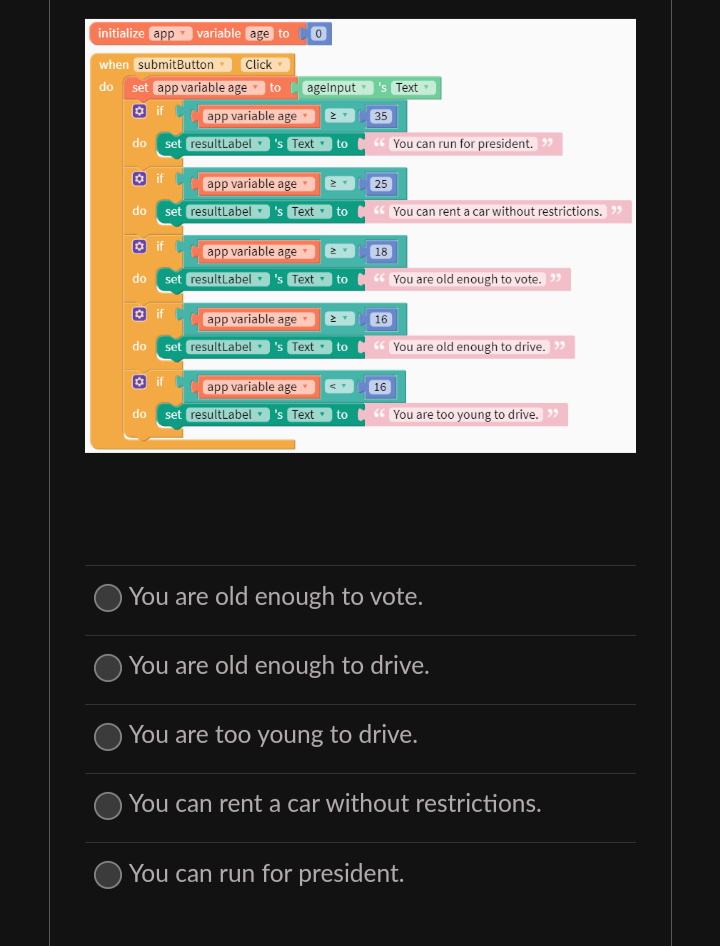 Solved Examine the code below. The variable age is initially | Chegg.com