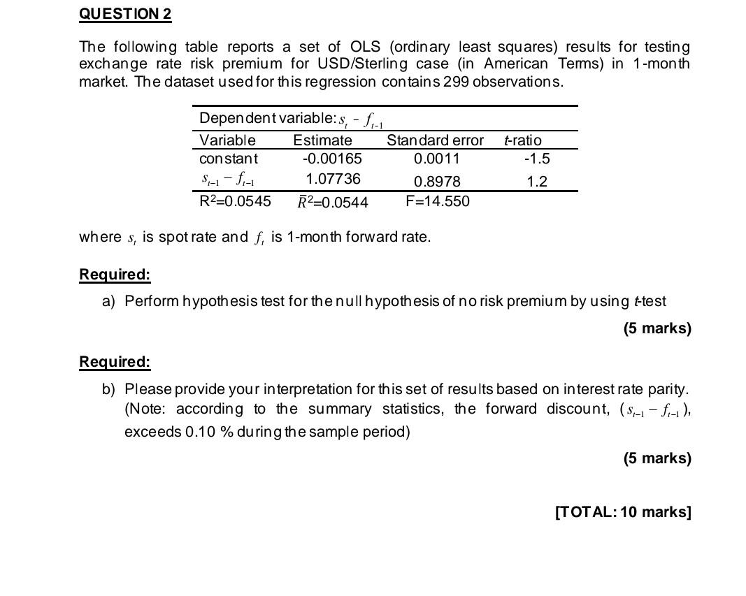 Solved The following table reports a set of OLS (ordinary | Chegg.com