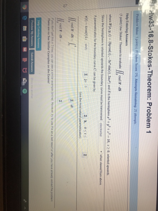 Solved Hw33-16.8-Stokes-Theorem: Problem 1 Problem Value: 1 | Chegg.com