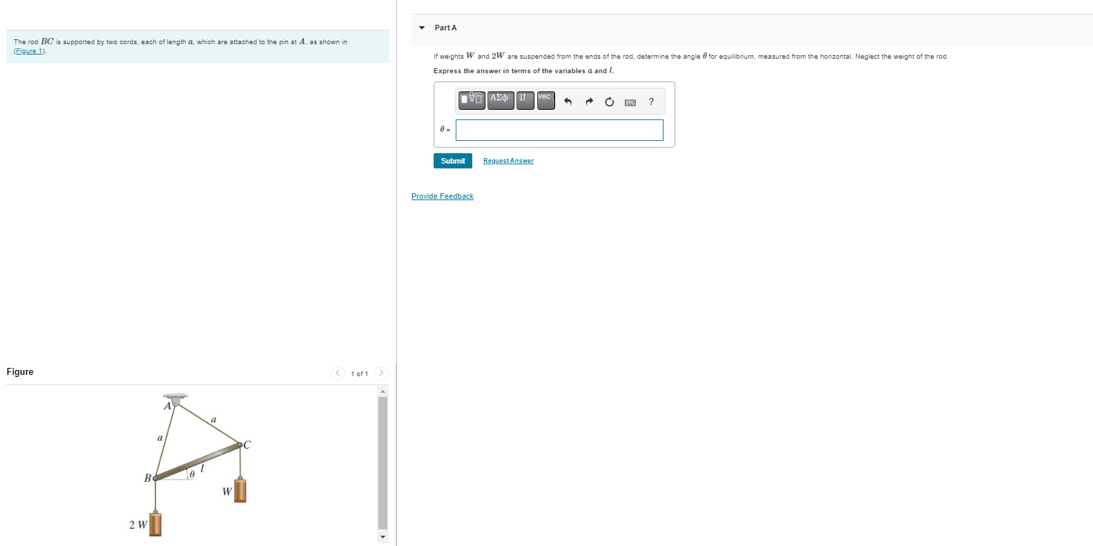 Solved The rod BC ﻿is supported by two cords, each of length | Chegg.com