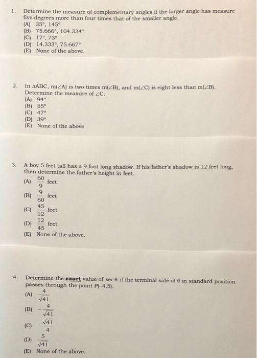 Solved 1. Determine the measure of complementary angles if | Chegg.com