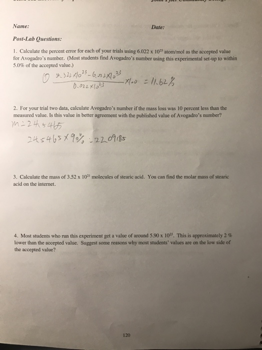 Solved Name: Date: Post-Lab Questions: 1. Calculate the | Chegg.com