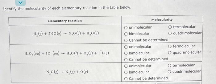 Solved Identify the molecularity of each elementary reaction | Chegg.com
