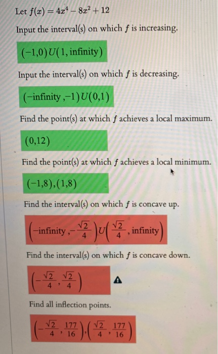 Solved Let f(x) = 4x4 - 8x2 + 12 Input the interval(s) on | Chegg.com