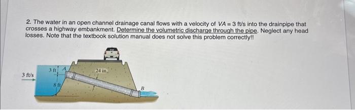 Solved 2. The water in an open channel drainage canal flows | Chegg.com