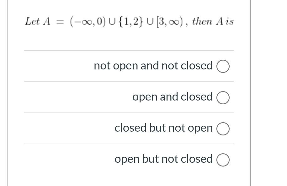 Solved Let A = (-00, 0) {1,2} U [3,00), then Ais not open | Chegg.com