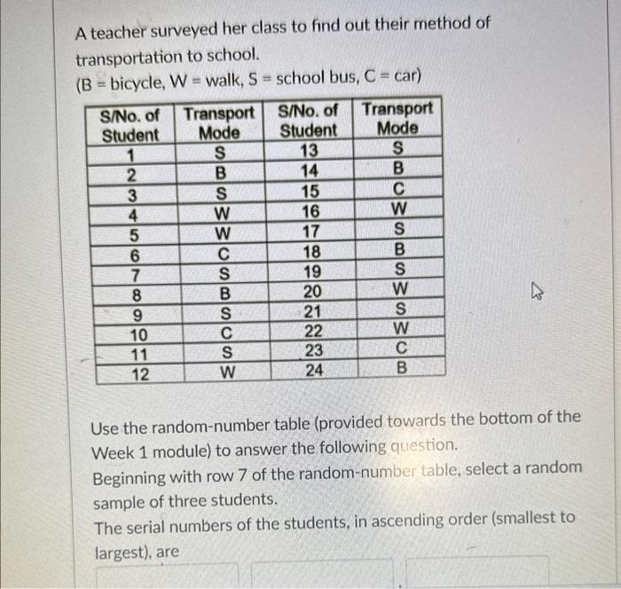 Solved Random Number TableA teacher surveyed her class to | Chegg.com