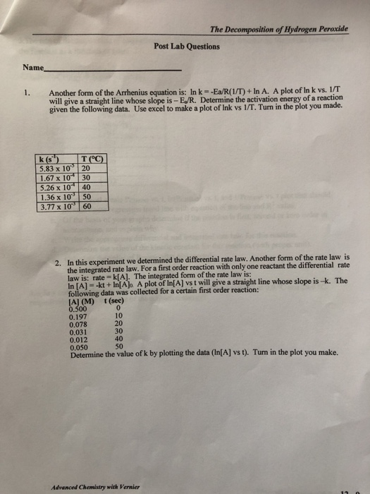 The Decomposition of Hydrogen peroxide Post Lab | Chegg.com
