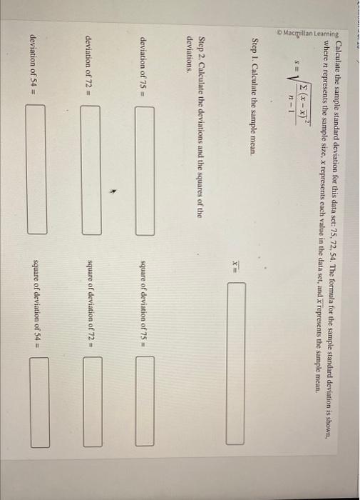 Solved Calculate the sample standard deviation for this data | Chegg.com