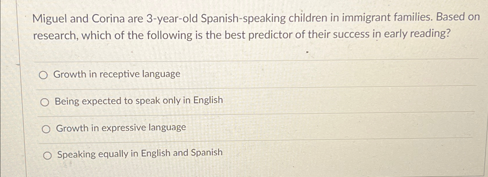 Solved Miguel and Corina are 3-year-old Spanish-speaking | Chegg.com