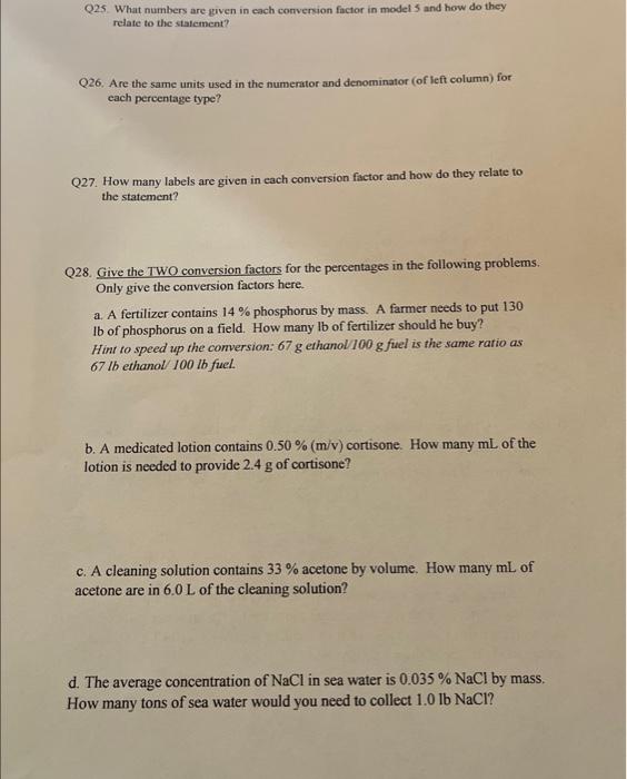 Solved MODEL 5 - Conversion Factors from PercentagesQ25. | Chegg.com