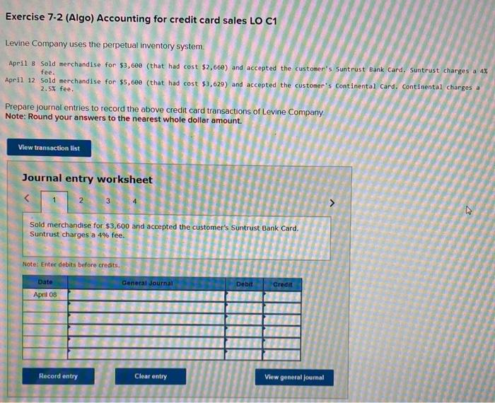Solved Exercise 7-2 (Algo) Accounting for credit card sales | Chegg.com