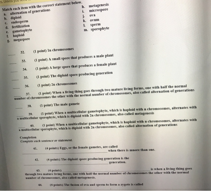 Solved Botany Alternation of Generations Worksheet Multiple | Chegg.com