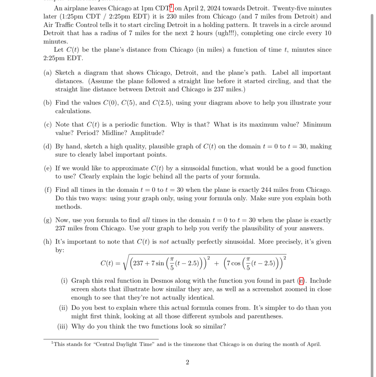 An airplane leaves Chicago at 1pm CDT on April | Chegg.com