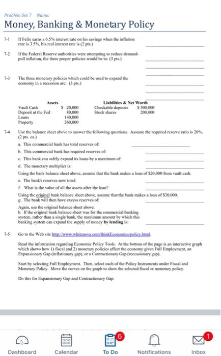 Solved Problem Set 7 Name: Money, Banking & Monetary Policy | Chegg.com