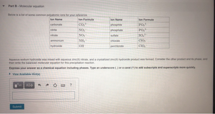 Solved Part B - Molecular equation lon Name lon Formula PO, | Chegg.com