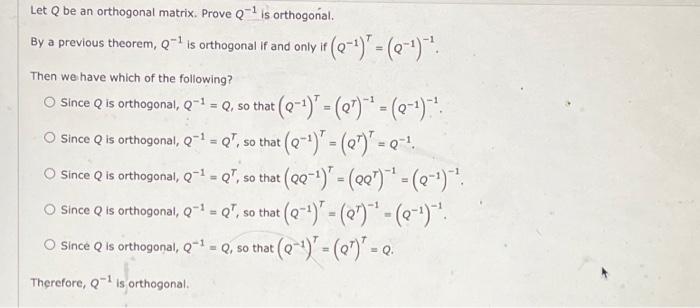 Solved Let \\( Q \\) be an orthogonal matrix. Prove \\( | Chegg.com