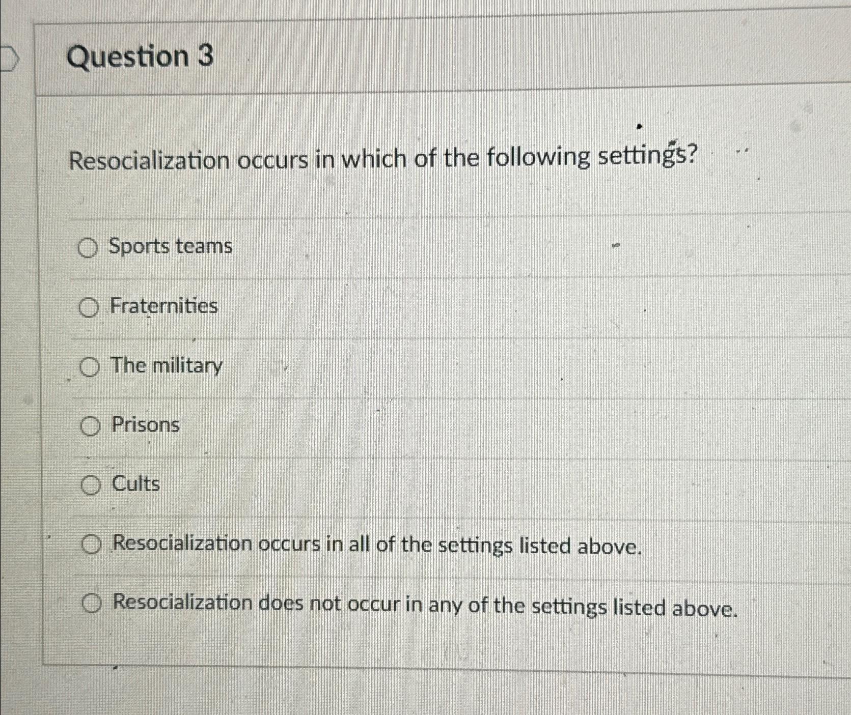 Solved Question 3Resocialization occurs in which of the | Chegg.com