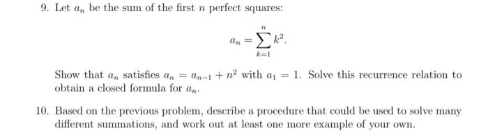 Solved 9. Let an be the sum of the first n perfect squares: | Chegg.com