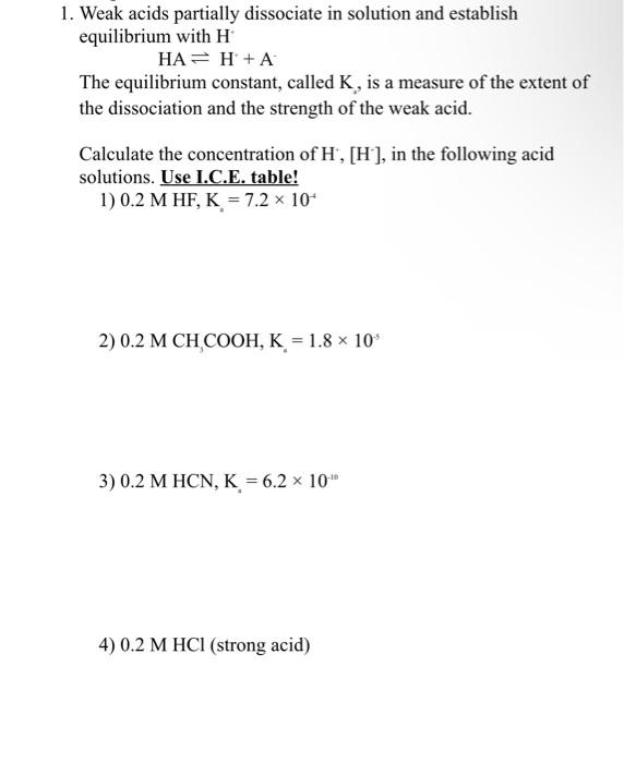Solved 1. Weak acids partially dissociate in solution and | Chegg.com