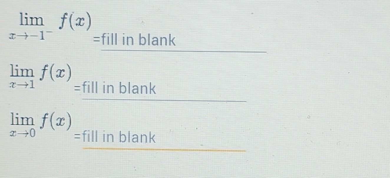 Solved limx→−1−f(x)=limx→1f(x)= fill in blank limx→0f(x)= | Chegg.com