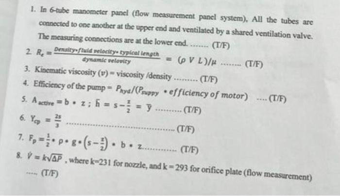 Solved 1. In 6-tube manometer panel (flow measurement panel | Chegg.com