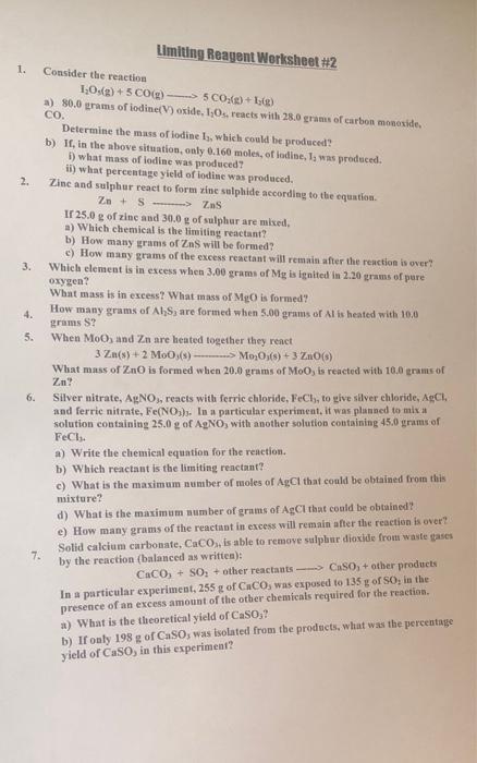 Solved Limiting Reagent Worksheet #1 14. 49.1 33ml 216 mol | Chegg.com