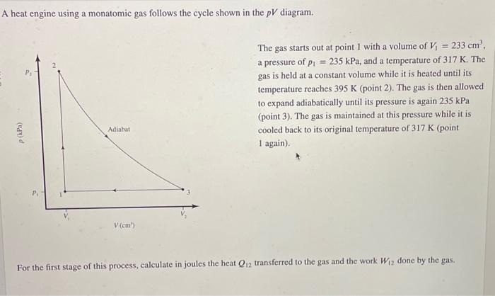 Solved A heat engine using a monatomic gas follows the cycle | Chegg.com