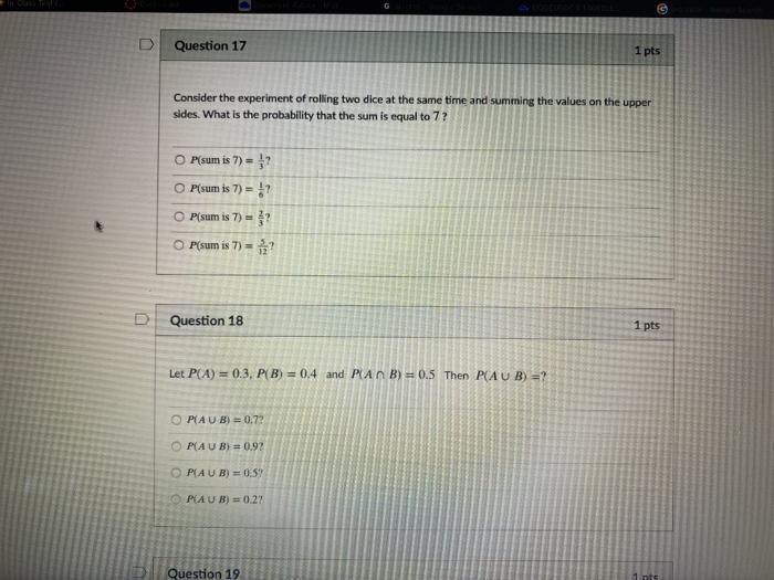 Solved Question 17 1 pts Consider the experiment of rolling | Chegg.com