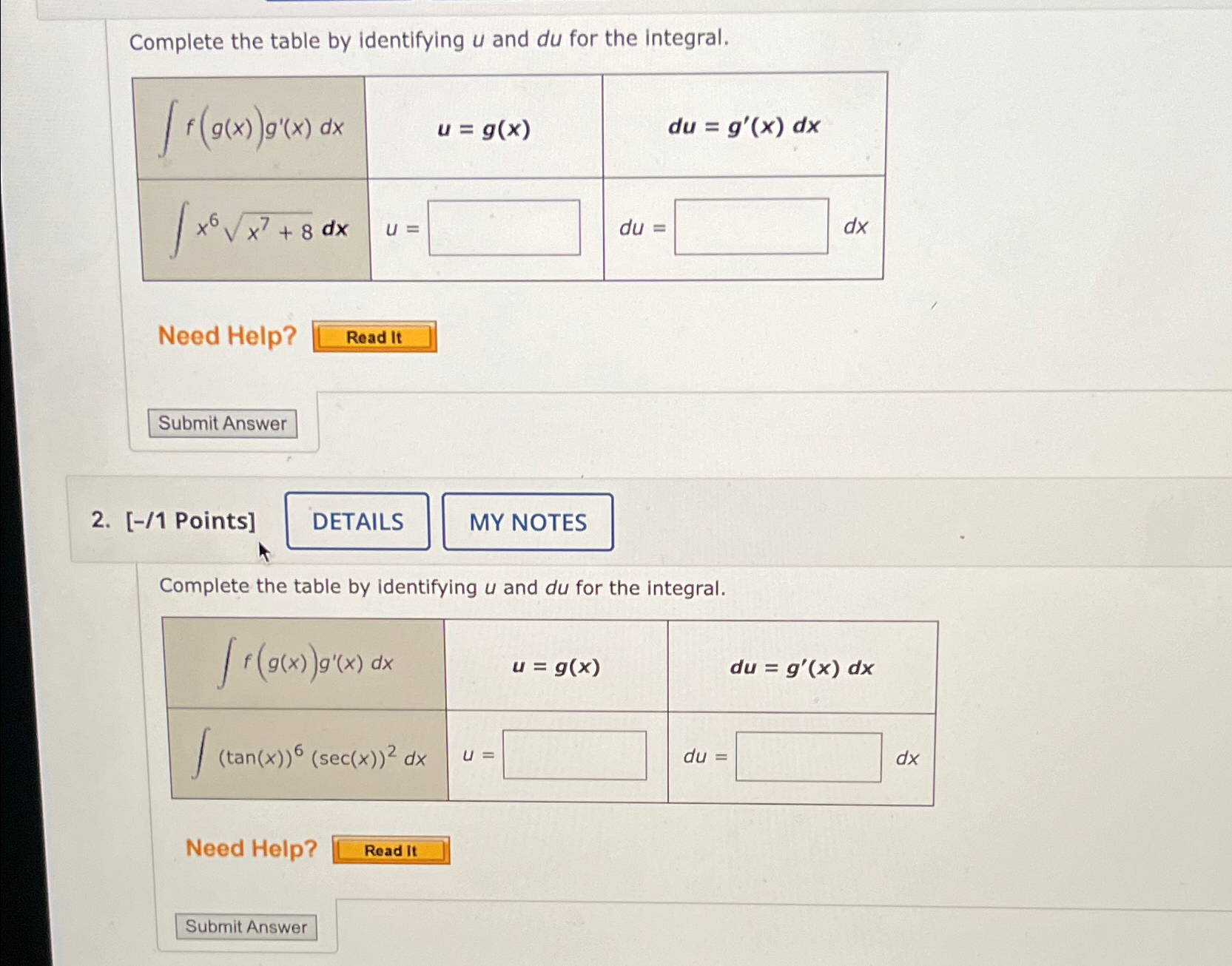 Solved Complete the table by identifying u ﻿and du ﻿for the | Chegg.com