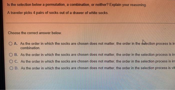 Solved Is the selection below a permutation, a combination, | Chegg.com