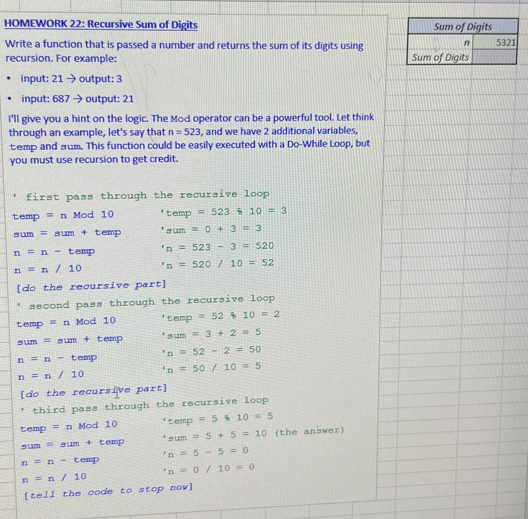Solved HOMEWORK 22: Recursive Sum of DigitsWrite a function | Chegg.com