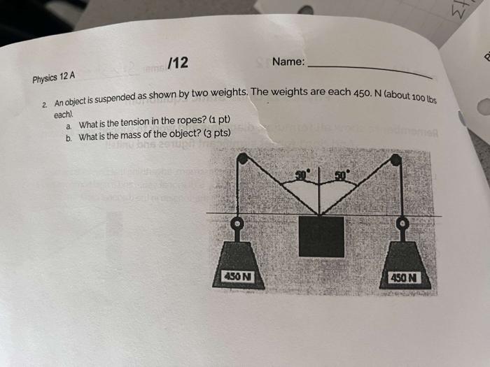 Solved An object is suspended as shown by two weights. The | Chegg.com