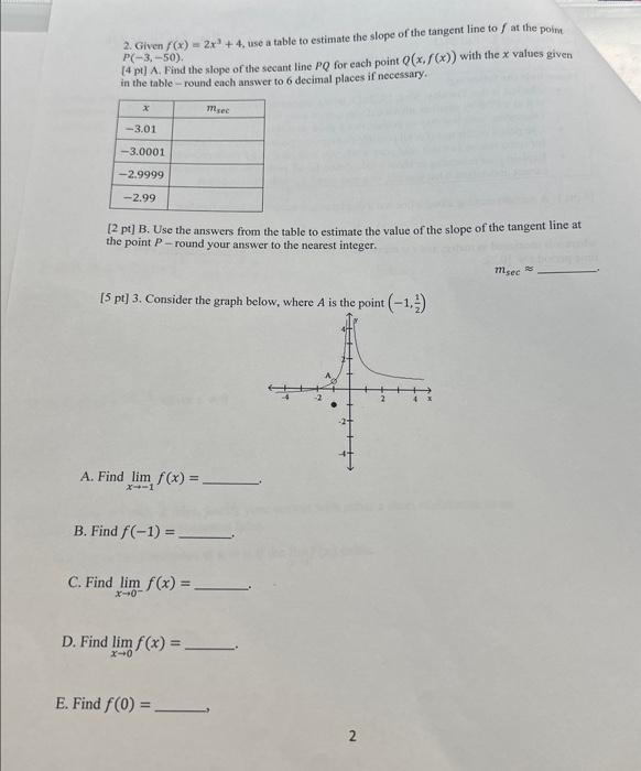 Solved 2. Given f(x)=2x3+4, use a table to estimate the | Chegg.com
