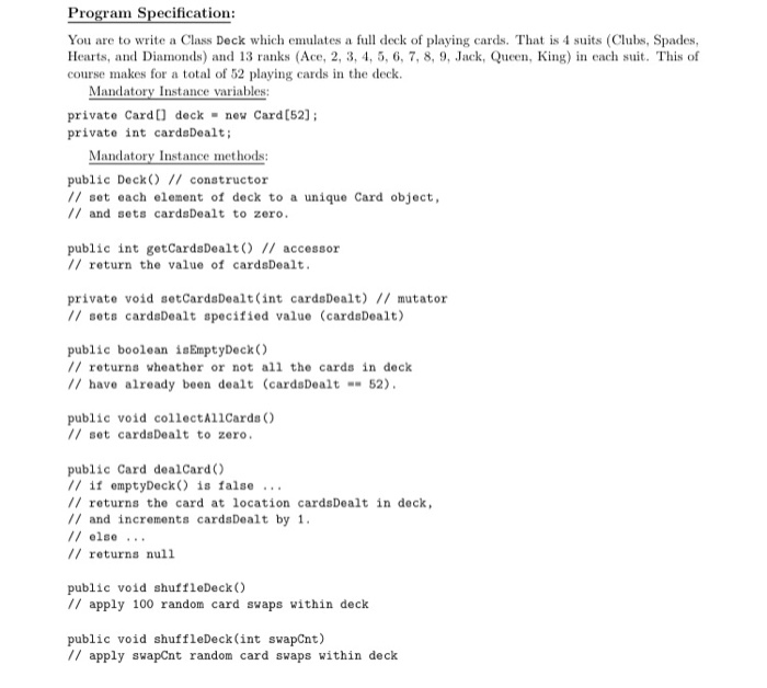 Solved Program Specification: You are to write a Class Deck | Chegg.com