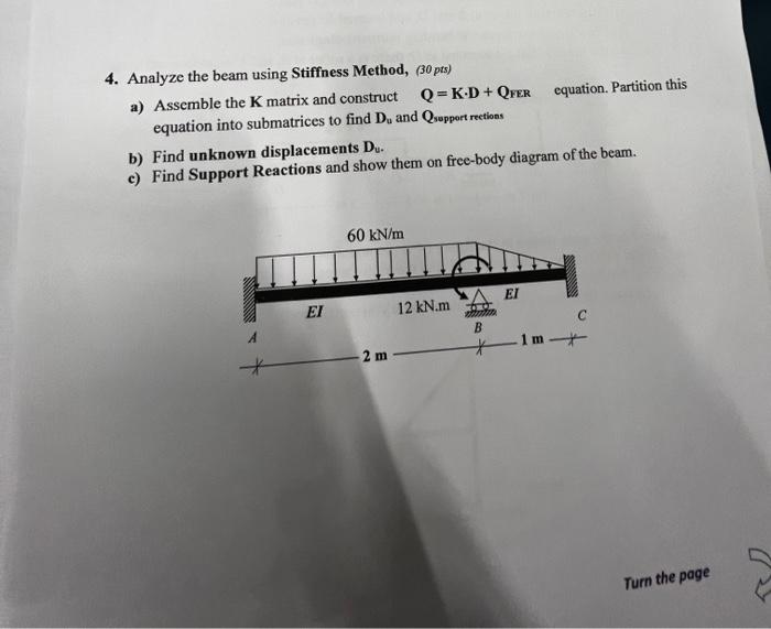 Solved 4. Analyze the beam using Stiffness Method, ( 30 pts) | Chegg.com
