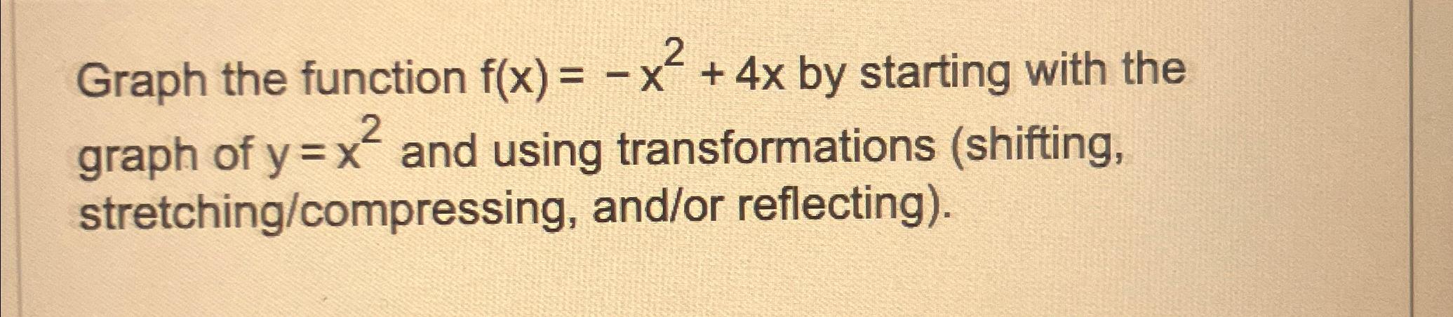 Solved Graph the function f(x)=-x2+4x ﻿by starting with the | Chegg.com