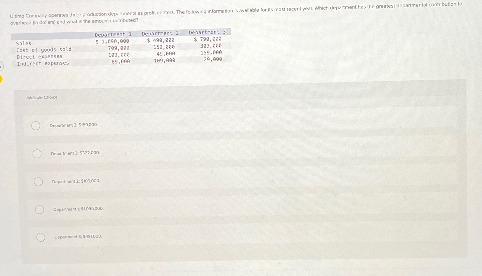 Solved Ultimo Company operates three production departments | Chegg.com